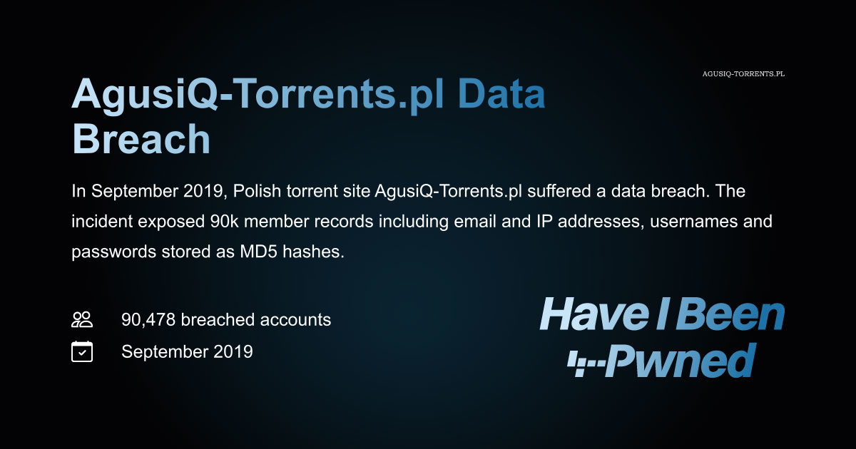 Have I Been Pwned: AgusiQ-Torrents.pl Data Breach