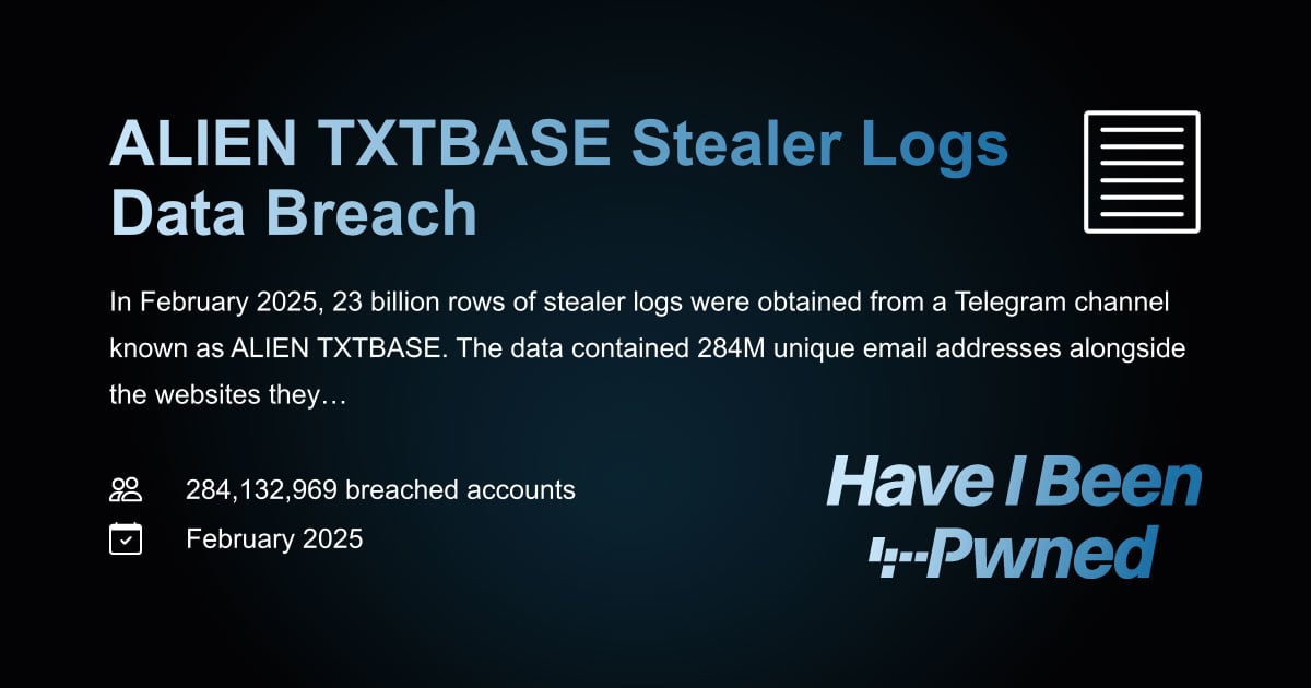 Have I Been Pwned: ALIEN TXTBASE Stealer Logs Data Breach