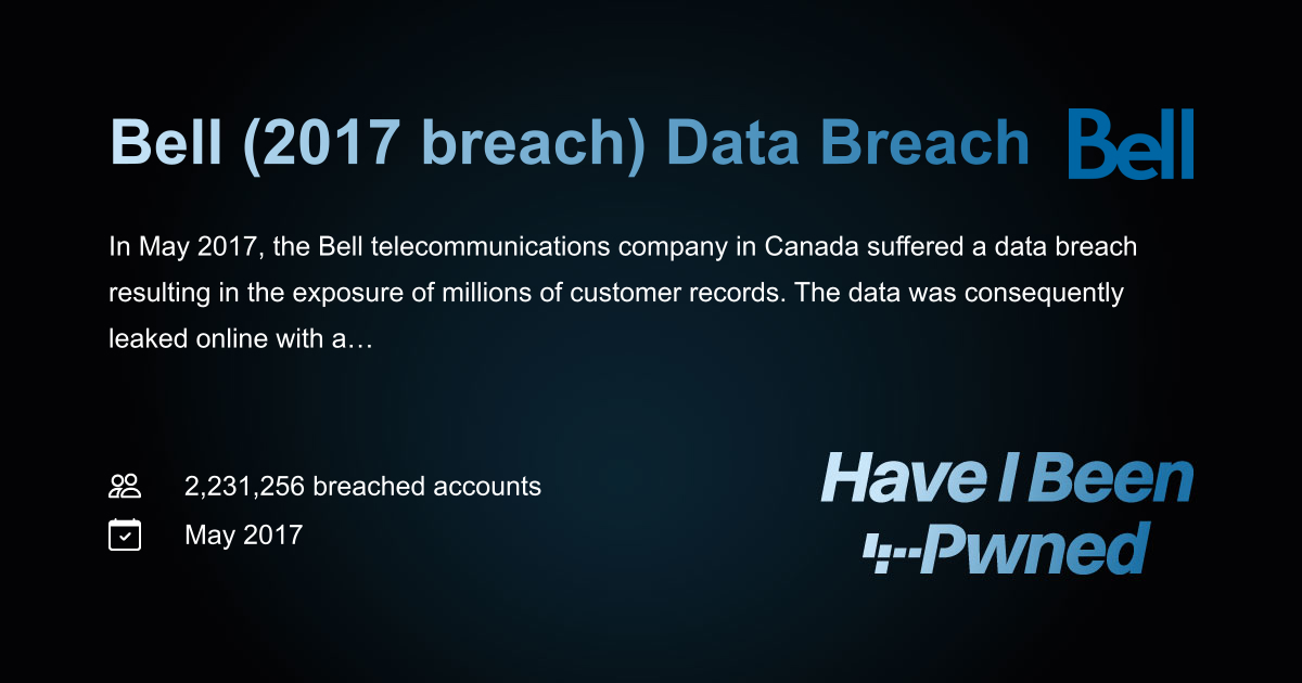 Have I Been Pwned: Bell (2017 breach) Data Breach