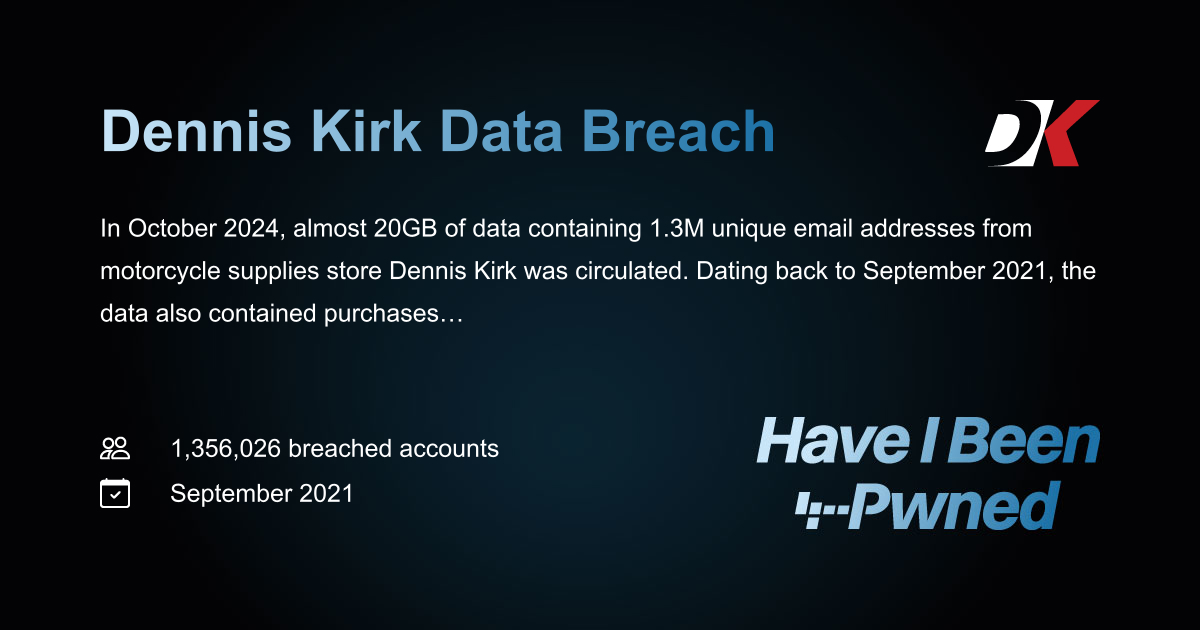 Have I Been Pwned: Dennis Kirk Data Breach