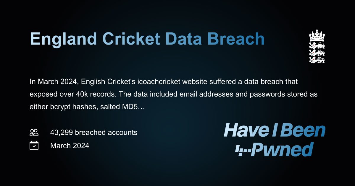 Have I Been Pwned: England Cricket Data Breach