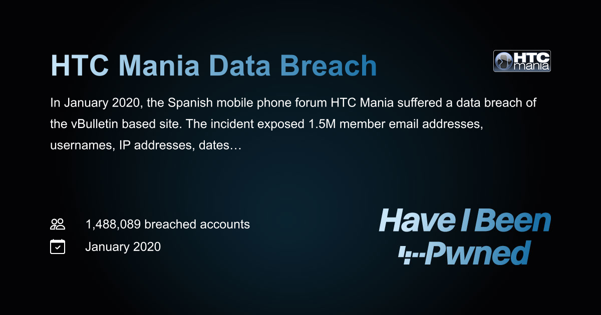 Have I Been Pwned: HTC Mania Data Breach