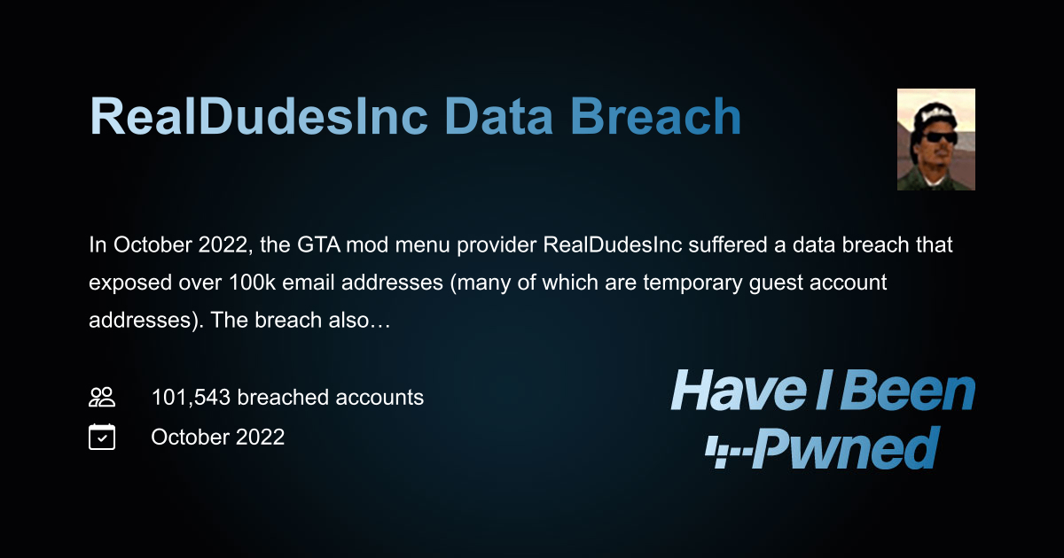 Have I Been Pwned: RealDudesInc Data Breach