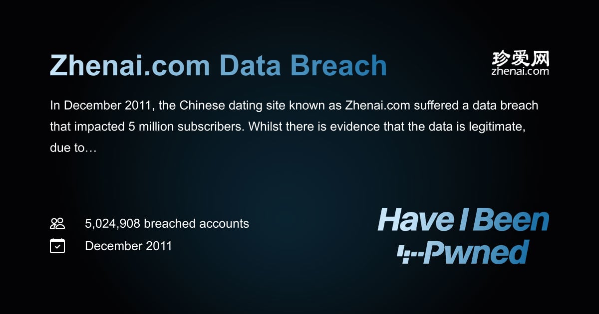 Have I Been Pwned: Zhenai.com Data Breach